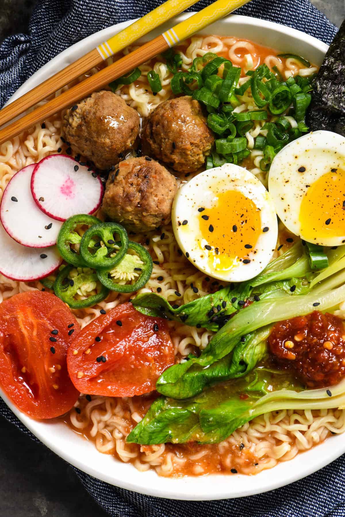 Tomato Ramen Noodles with Meatballs - Foxes Love Lemons